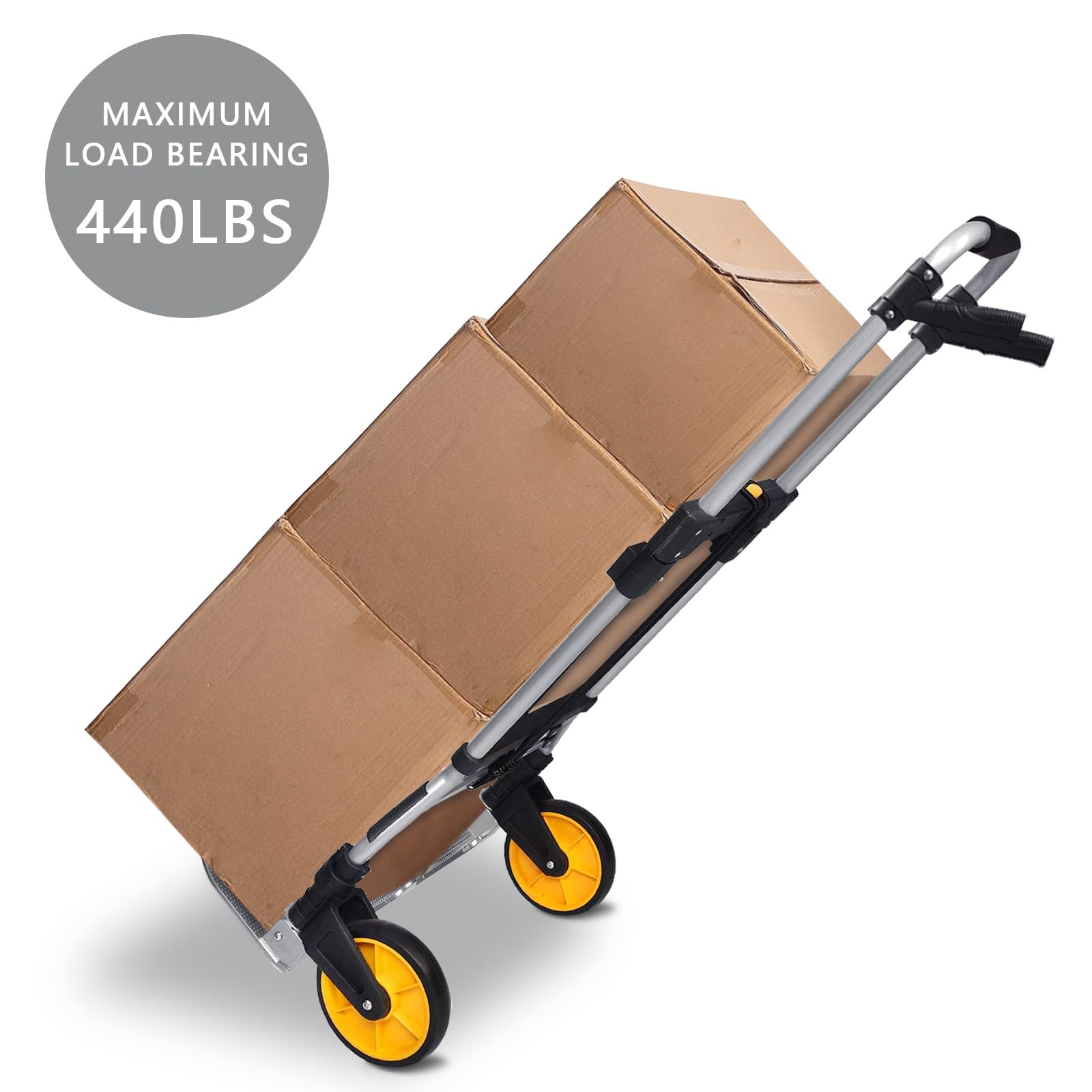 LAKEEN Trolleys，Heavy Duty Dolly cart 440 lb Capacity Aluminum Portable Cart with 7 inch Rubber Silent Wheels and Bungee Cord for Moving,Luggage Handling.