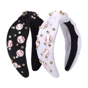 baseball headband for women, pearl rhinestone knotted hairband 2 pack - wide game day hair accessories in white and black