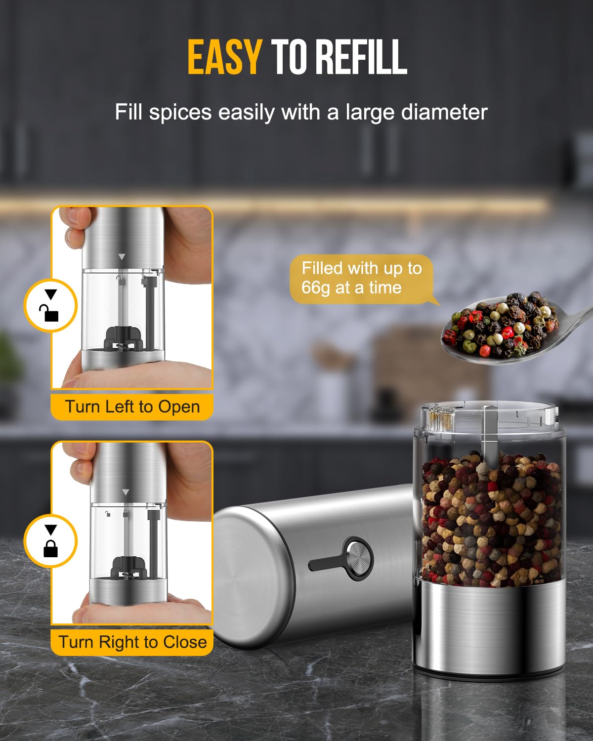 [Upgraded 66g Large Capacity] Electric Salt and Pepper Grinder Set USB Rechargeable with 6-Level Adjustable Coarseness Stainless Steel Automatic Salt n Pepper Mills Shakers Refillable with LED light