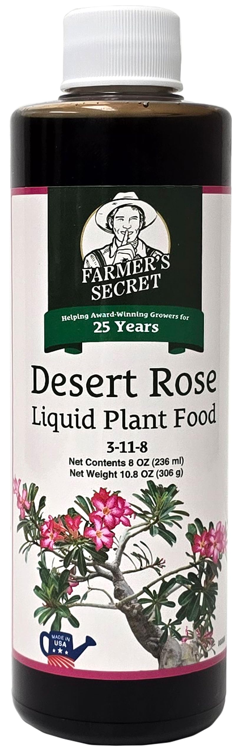 Farmer's Secret Desert Rose Liquid Plant Food Fertilizer (8oz) - Super Concentrated - Promote Flowering and Trunk Growth - 3:11:8 Ratio