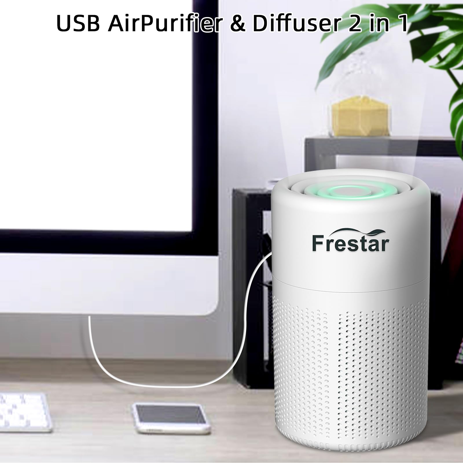 Small Air Purifier and Diffuser 2 in 1 for Office Bedroom Home, Desktop Air Purifier with H3 HEPA Filter for Smoke, Dust, Pets, Super Quiet Powered by USB No Adapter(White)