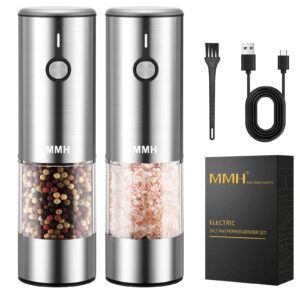 [upgraded 66g large capacity] electric salt and pepper grinder set usb rechargeable with 6-level adjustable coarseness stainless steel automatic salt n pepper mills shakers refillable with led light