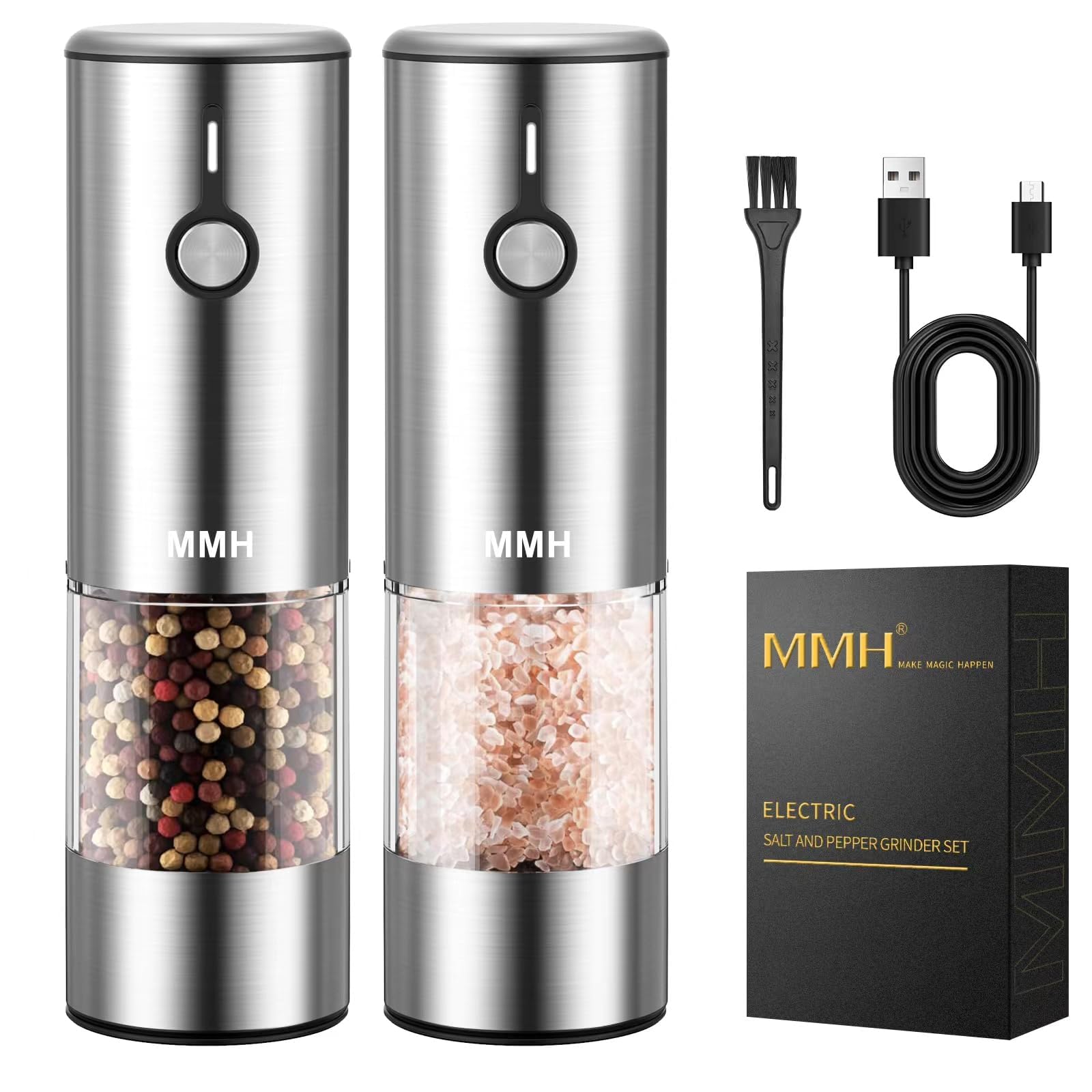 [Upgraded 66g Large Capacity] Electric Salt and Pepper Grinder Set USB Rechargeable with 6-Level Adjustable Coarseness Stainless Steel Automatic Salt n Pepper Mills Shakers Refillable with LED light