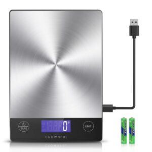 crownful food scale, rechargeable 304 stainless steel digital kitchen scale upto 33lb weight grams and ounces with lcd display and type-c charging for baking and cooking