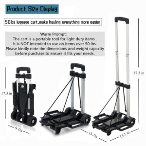 Folding Luggage Cart with Expandable Base Plate,2 Wheels Aluminium Alloy Drawbar Folding Hand Truck Dolly,Collapsible Light Duty Dolly for Moving Shopping Travel Office Use,50lbs(Silvery Drawbar)