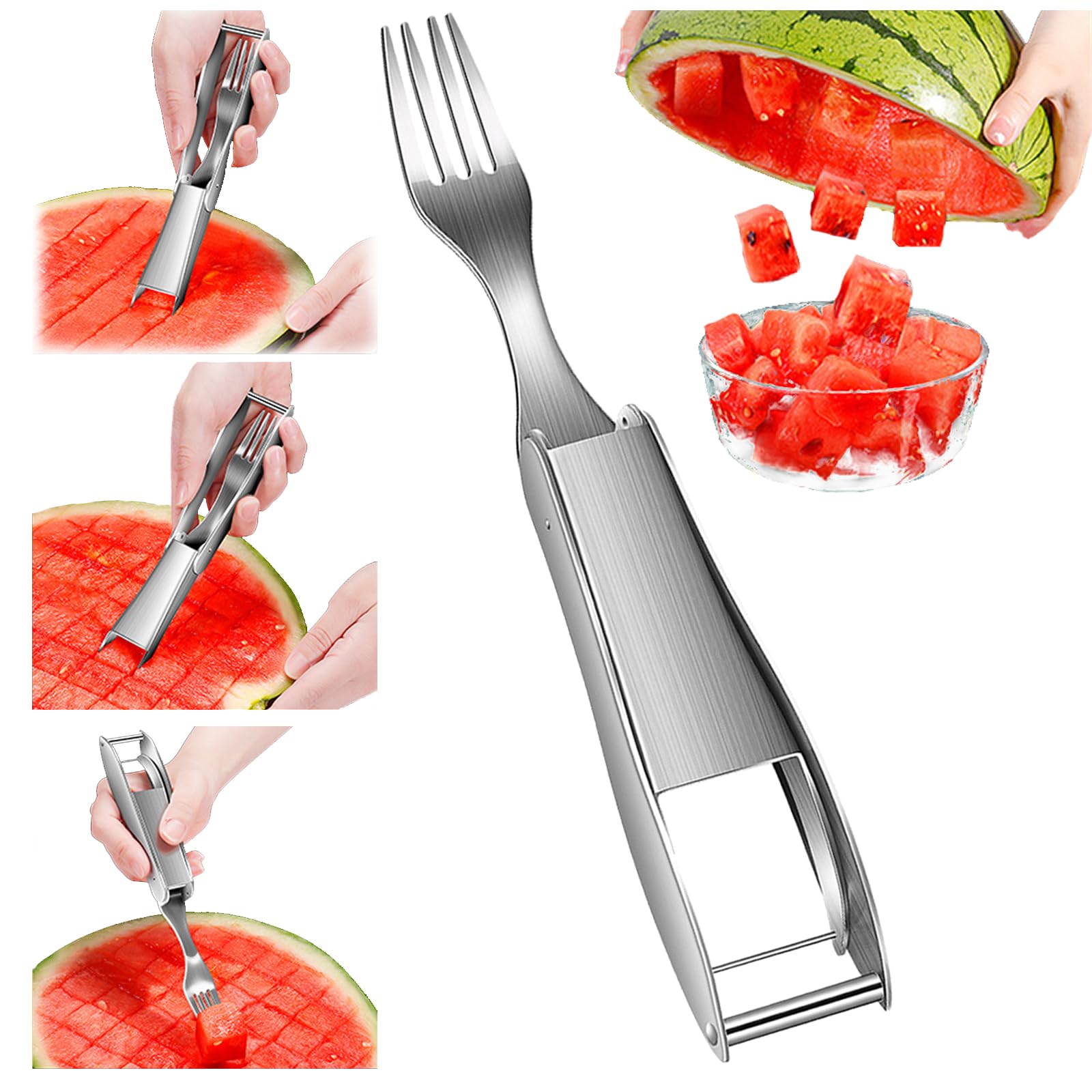 FANTEXY Watermelon Slicer Cutter, 2-in-1 Watermelon Cutter Slicer Tool Watermelon Fork Slicer Cutter Fruit Cutter Tools Stainless Steel Fruit Fork Camping Kitchen Gadgets