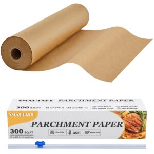 smartake parchment paper roll for baking, 13 in x 278 ft, 300 sq.ft, non-stick baking paper sheets with slide cutter, heavy duty extra long, for kitchen baking cooking grilling steaming, unbleached