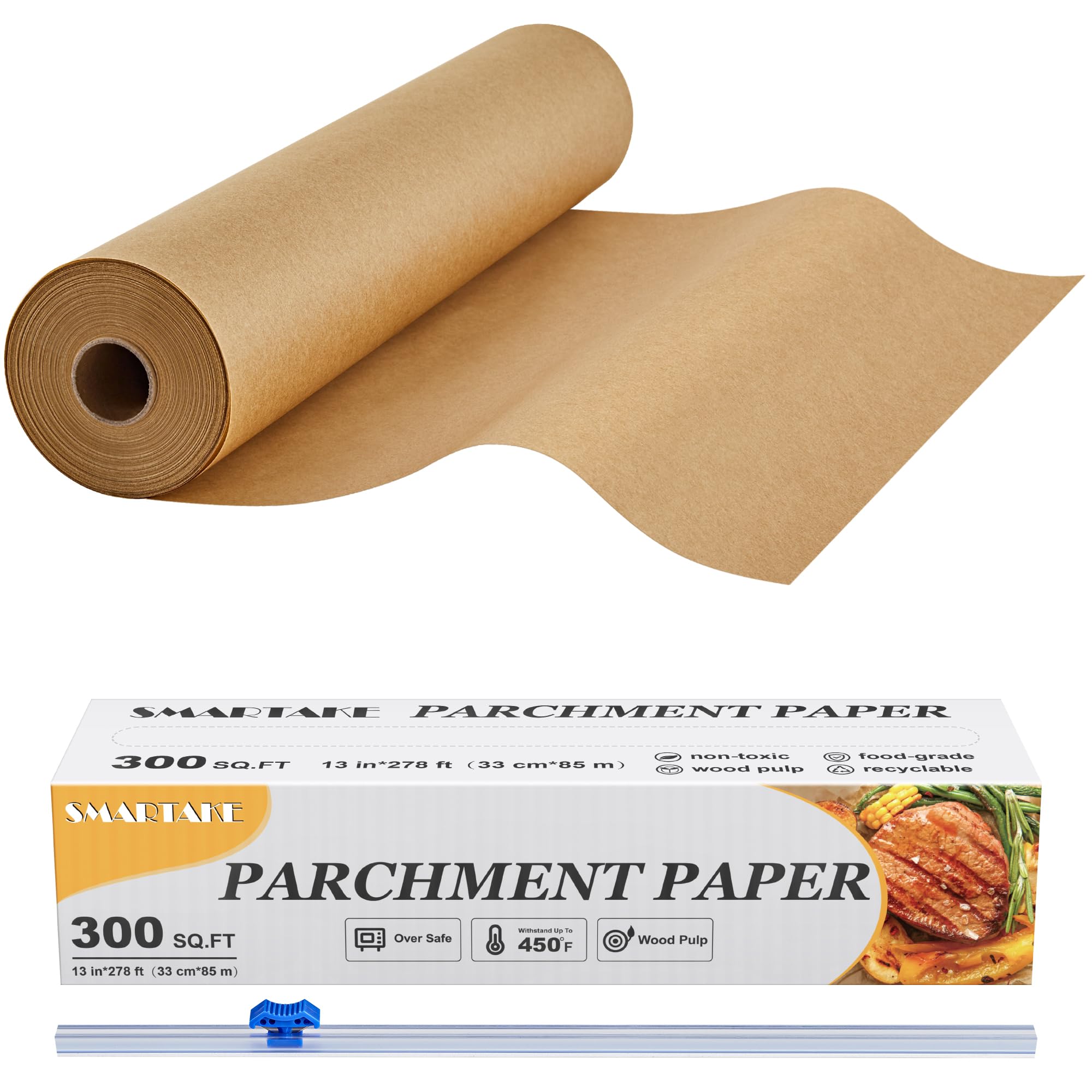 SMARTAKE Parchment Paper Roll for Baking, 13 in x 278 ft, 300 sq.ft, Non-Stick Baking Paper Sheets with Slide Cutter, Heavy Duty Extra Long, for Kitchen Baking Cooking Grilling Steaming, Unbleached