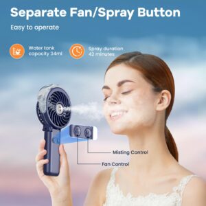 HandFan 5200mAh Portable Misting Fan with Charger, Rechargeable Handheld Personal Mister Fan, Battery Operated Spray Water Mist Fan, Electric Mini Hand Fans for Beach, Travel, Outdoors(Royal Blue)