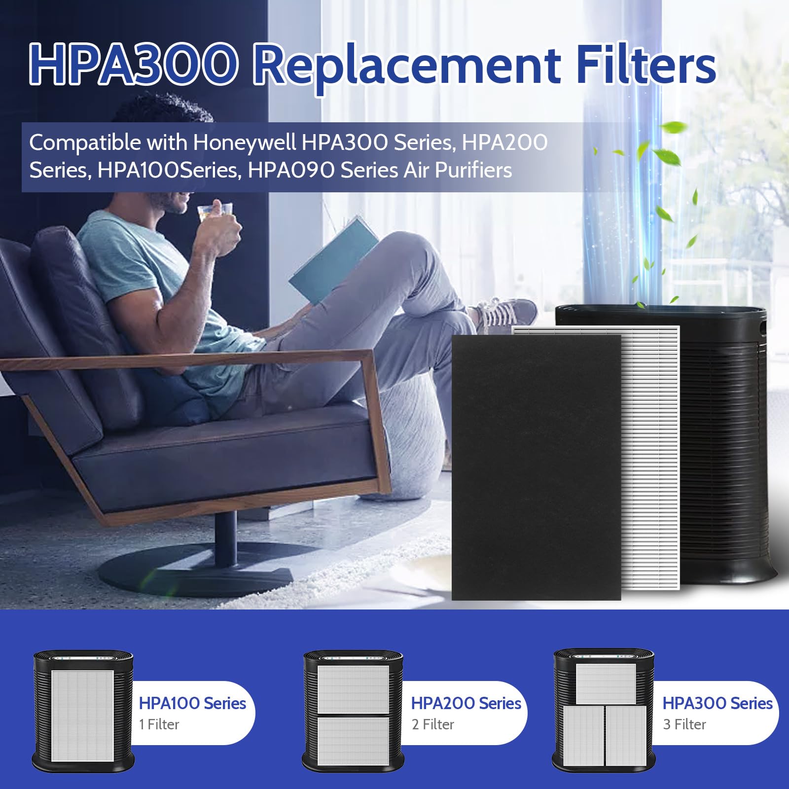 XBGG 6 Pack HPA300 HEPA Filter Replacement for Honeywell Air Purifiers HPA300 Filters, Compatible HPA300 HPA304 HPA200 HPA3300/B HPA5300 HPA8350, Replace HRF-R3 & HRF-AP1 Filter (6 HEPA+8 Pre-Filter)