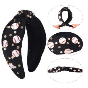 Baseball Headband for Women, Pearl Rhinestone Knotted Hairband 2 Pack - Wide Game Day Hair Accessories in White and Black