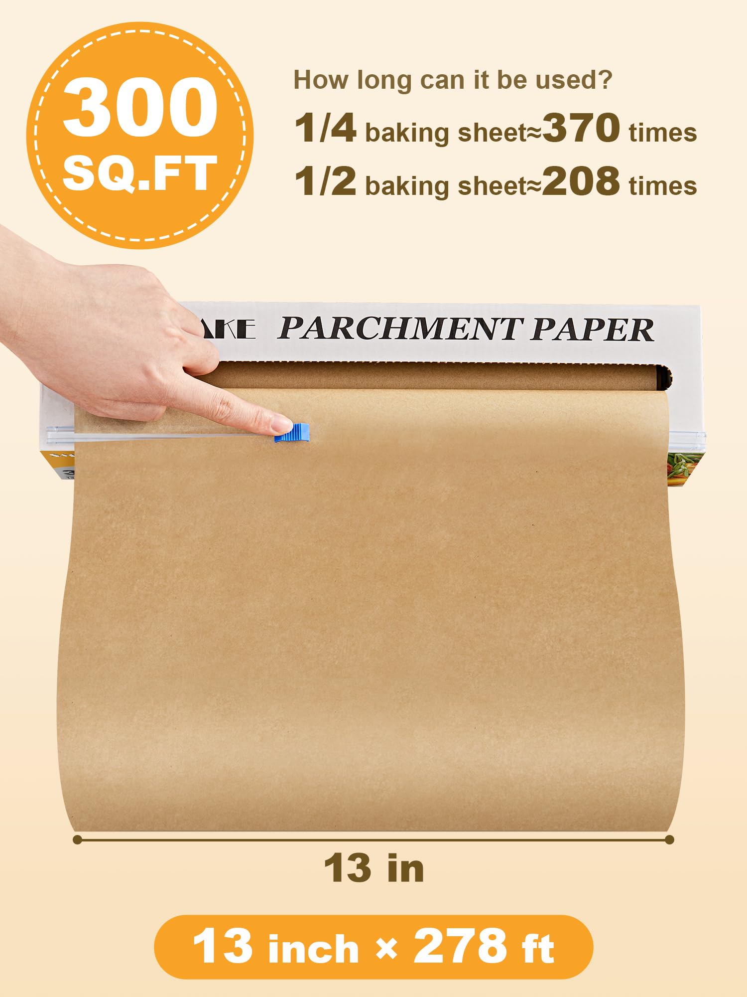 SMARTAKE Parchment Paper Roll for Baking, 13 in x 278 ft, 300 sq.ft, Non-Stick Baking Paper Sheets with Slide Cutter, Heavy Duty Extra Long, for Kitchen Baking Cooking Grilling Steaming, Unbleached