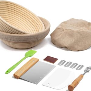 Banneton Bread Proofing Basket, 11 Pc Sourdough Starter Kit, 1 x Round 9 Inch Basket, Lame, Blades, Scrappers, Cotton Cover, Silicone Brush, & More - Sourdough Bread Baking Starter Kit (13)