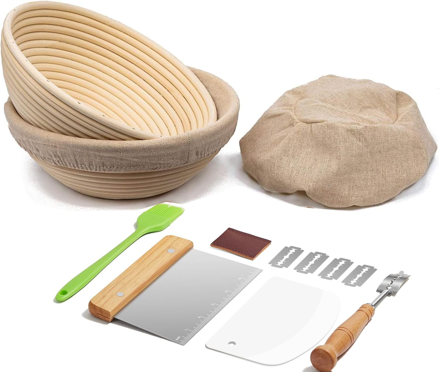 Banneton Bread Proofing Basket, 11 Pc Sourdough Starter Kit, 1 x Round 9 Inch Basket, Lame, Blades, Scrappers, Cotton Cover, Silicone Brush, & More - Sourdough Bread Baking Starter Kit (13)