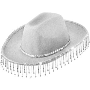 ramede rhinestone cowgirl hat women disco cowboy outfit bling diamond fringe cowgirl hat western cowgirl costume(silver)