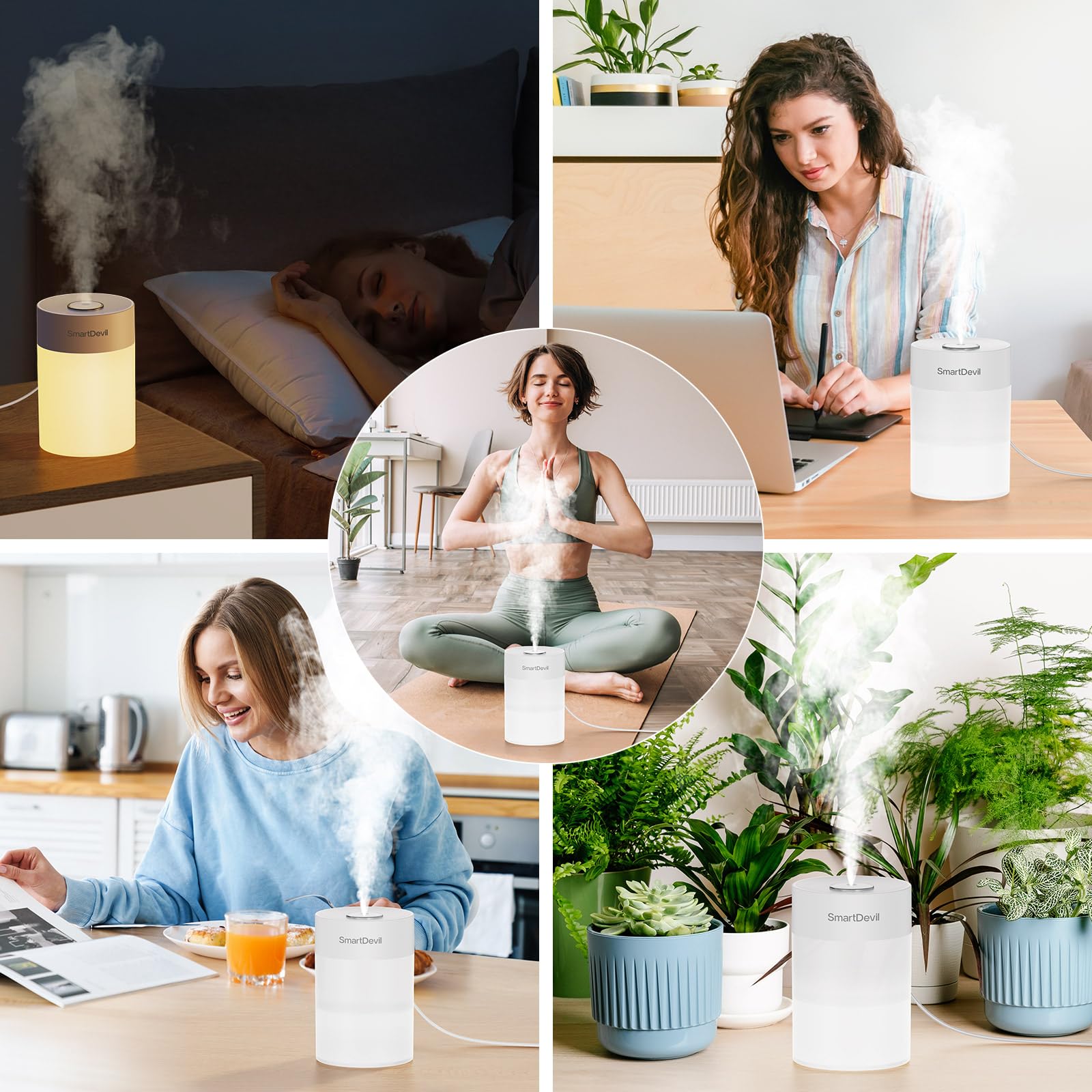 SmartDevil Small Humidifier, 600ml Portable Mini Humidifier, USB Personal Desk Humidifier for Bedroom, Plants, Office, Travel, Nightstand with Night Light, Auto Shut-Off, Super Quiet, White