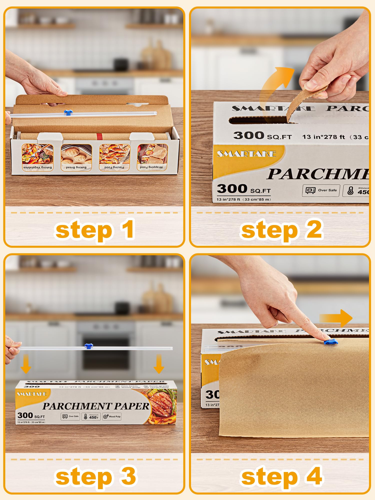 SMARTAKE Parchment Paper Roll for Baking, 13 in x 278 ft, 300 sq.ft, Non-Stick Baking Paper Sheets with Slide Cutter, Heavy Duty Extra Long, for Kitchen Baking Cooking Grilling Steaming, Unbleached