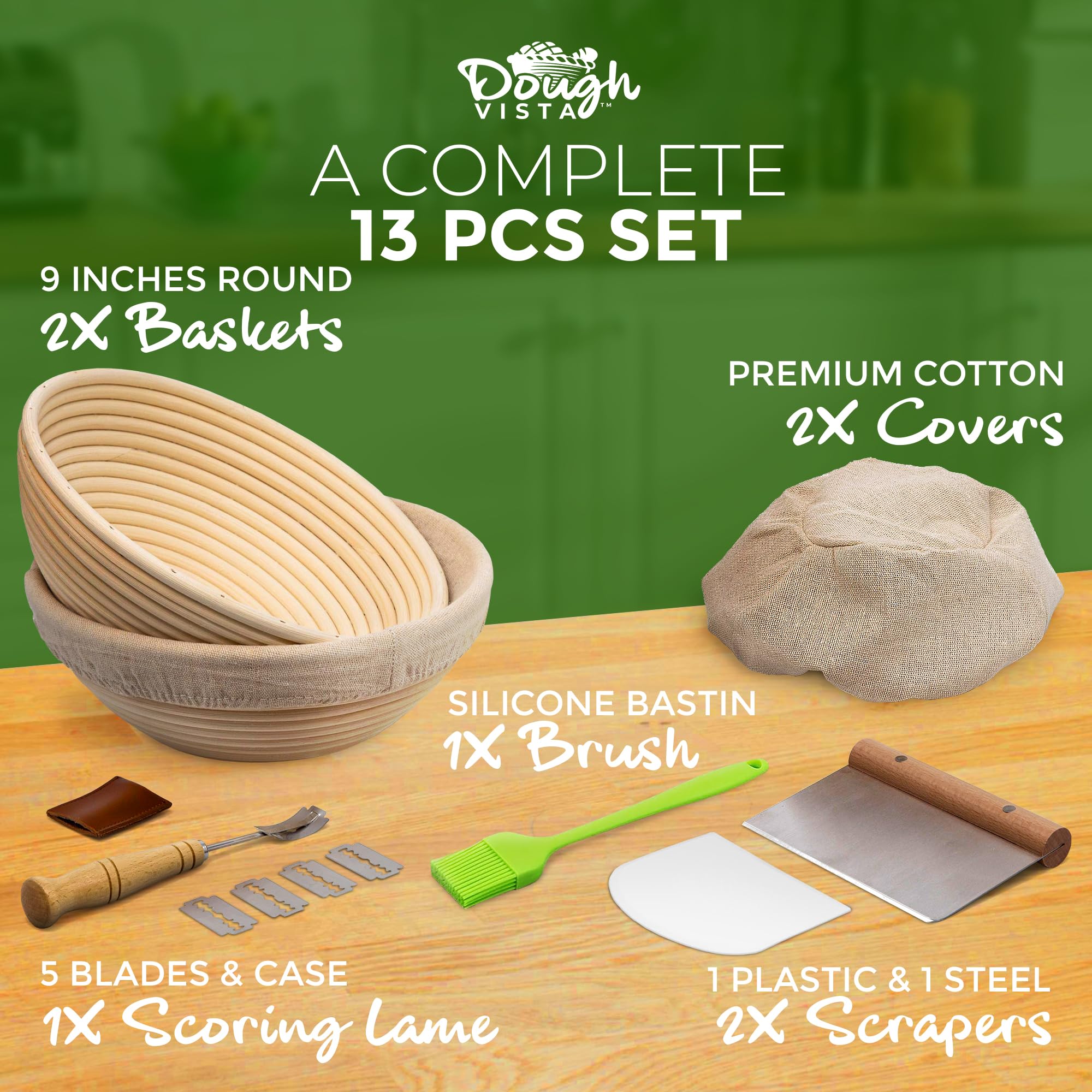 Banneton Bread Proofing Basket, 11 Pc Sourdough Starter Kit, 1 x Round 9 Inch Basket, Lame, Blades, Scrappers, Cotton Cover, Silicone Brush, & More - Sourdough Bread Baking Starter Kit (13)