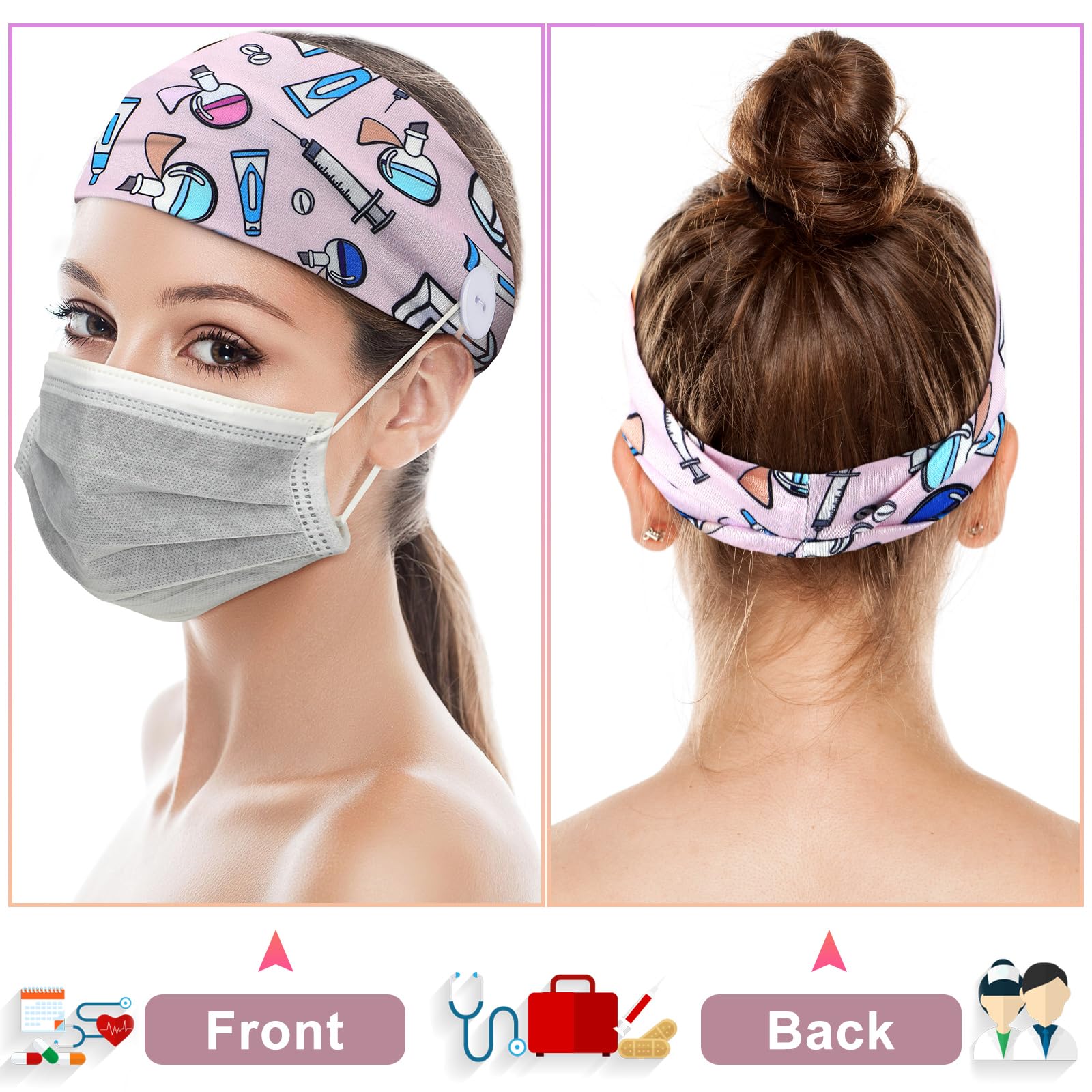 Hotop Non-Slip Elastic Women's Headbands with Buttons - Ear Protection for Nurses, Doctors, Sports - Hair Bands, Head Wraps with Gifts