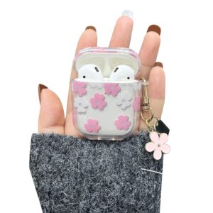 fycyko for airpods 2nd 1st gen case,clear cute glitter flower floral design for airpods case with keychain,women girl soft smooth tpu protective cover for airpods 2/1-pink white