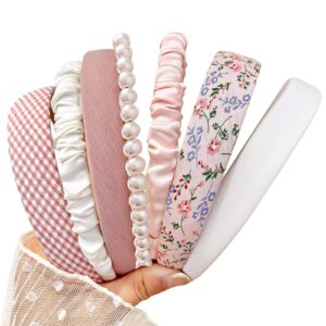 doxishruky headbands for women girls, 7pc set - non slip floral padded headbands cute pearl headband for girls vintage wide headband