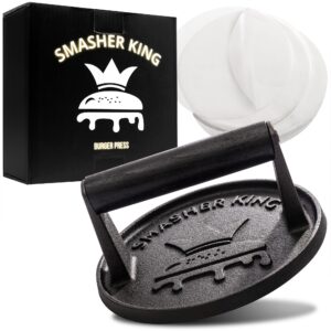 smasher king™ - premium cast iron smash burger press incl. 25 pcs of patty paper, burger smasher for griddle with black wood handle, perfect hamburger press, meat press, bacon press, sandwich press