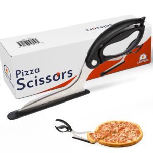 loftern pizza scissors - non-stick pizza scissors with firm grip base - food grade stainless steel pizza cutter - 5-in-1 food slicer & pizza server - durable, safe & mess free