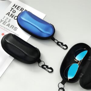 MoKo Sunglasses Case, Semi Hard Shell Unisex Protective Eyeglass Case PU Glasses Case Holder with Metal Hanging Hook Mini Screwdriver for Men Women, Black + Blue