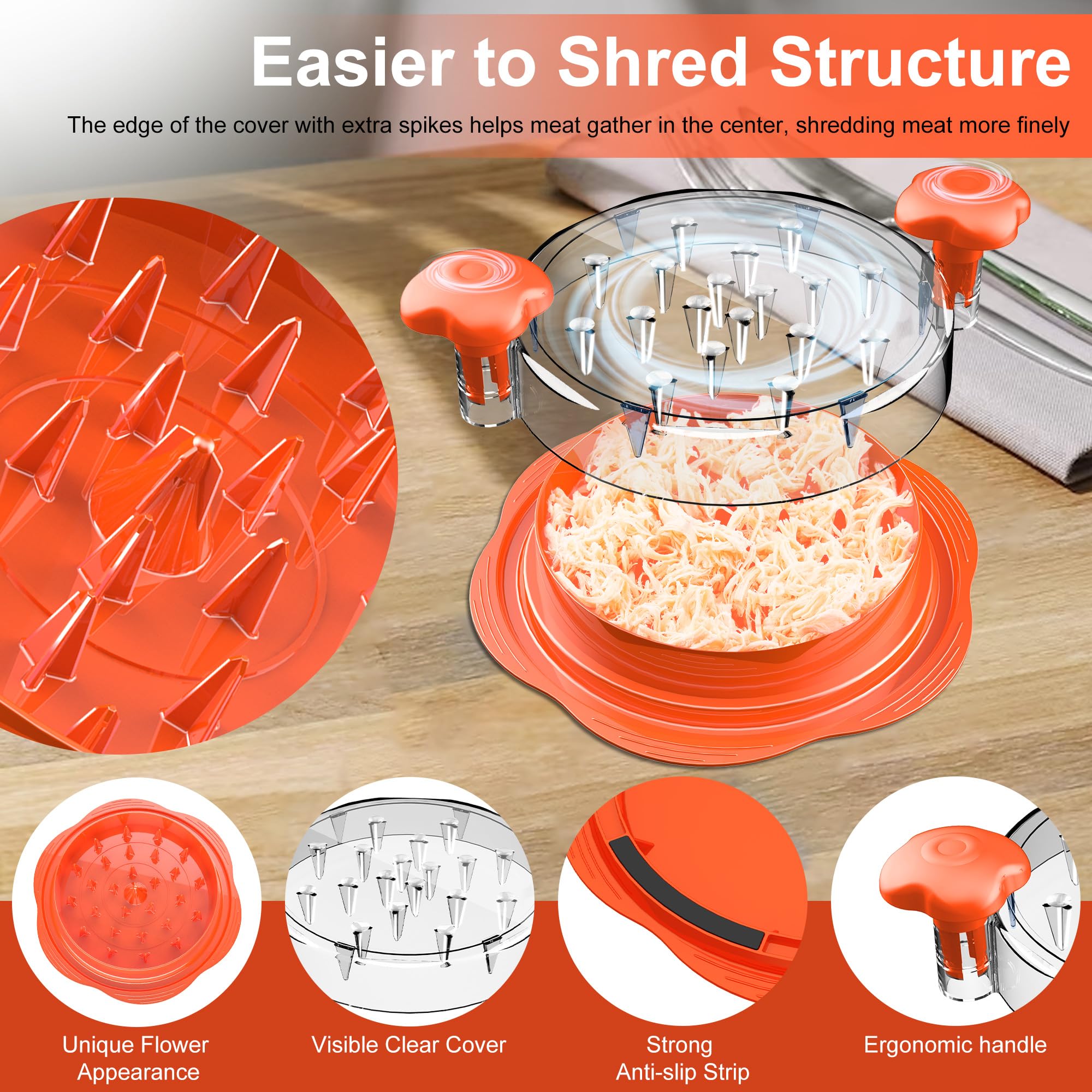 SURETIVIAN Chicken Shredder Large Chicken Breast Shredder Tool Twist with Brush&Fork, Visible Meat Shredder Machine, Anti-Slip Strip, Ergonomic Handle, BPA Free, Suitable for Pork Beef Chicken(Orange)