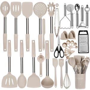 ncue kitchen utensils set, 35 pcs silicone cooking utensils set with holder, with stainless steel handle spatula set, spoons, pasta server, cheese grater, masher, scissors, dishwasher safe (khaki)