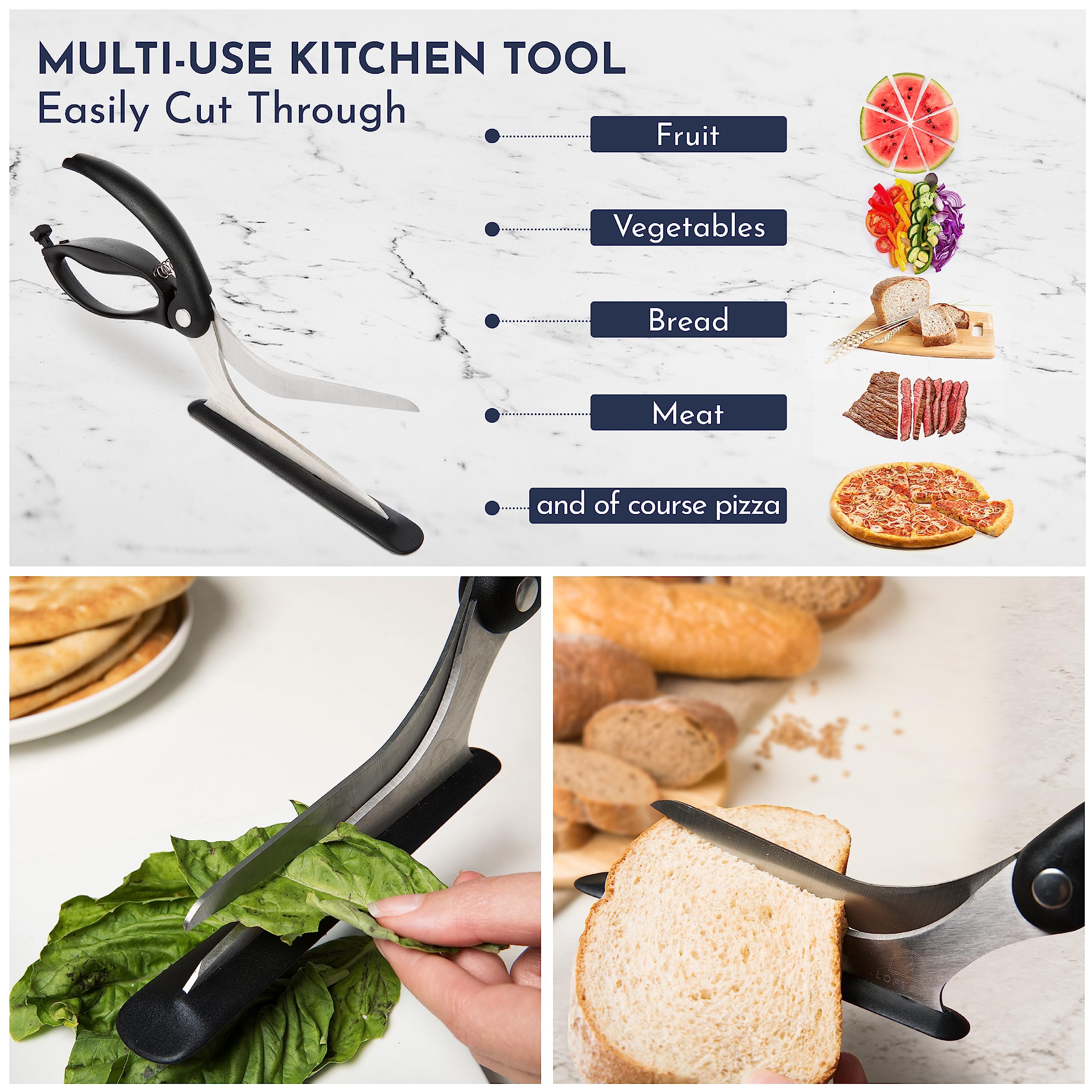 Loftern Pizza Scissors - Non-Stick Pizza Scissors with Firm Grip Base - Food Grade Stainless Steel Pizza Cutter - 5-in-1 Food Slicer & Pizza Server - Durable, Safe & Mess Free