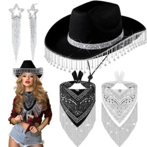 xtinmee 5 pcs rhinestone cowgirl hat bandana with fringe earrings 1 cowboy hat 2 disco fringe tassel bandanas and 2 earrings (black,fresh style)