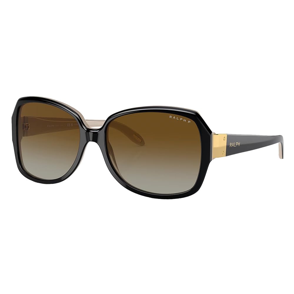 Ralph by Ralph Lauren Women's RA5138 Square Sunglasses, Shiny Black On Nude/Polarized Gradient Brown, 58 mm