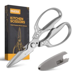 muzziz kitchen scissors, all purpose heavy duty kitchen shears for food,metal handle stainless steel cooking scissors for chicken,poultry,meat,herbs,fish,bone,bread,dishwasher safe,8.3 inch silver