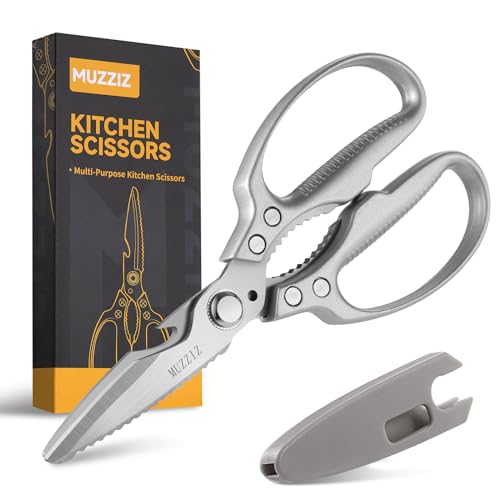 MUZZIZ Kitchen Scissors, All Purpose Heavy Duty Kitchen Shears for Food,Metal Handle Stainless Steel Cooking Scissors for Chicken,Poultry,Meat,Herbs,Fish,Bone,Bread,Dishwasher safe,8.3 Inch silver