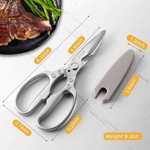 MUZZIZ Kitchen Scissors, All Purpose Heavy Duty Kitchen Shears for Food,Metal Handle Stainless Steel Cooking Scissors for Chicken,Poultry,Meat,Herbs,Fish,Bone,Bread,Dishwasher safe,8.3 Inch silver