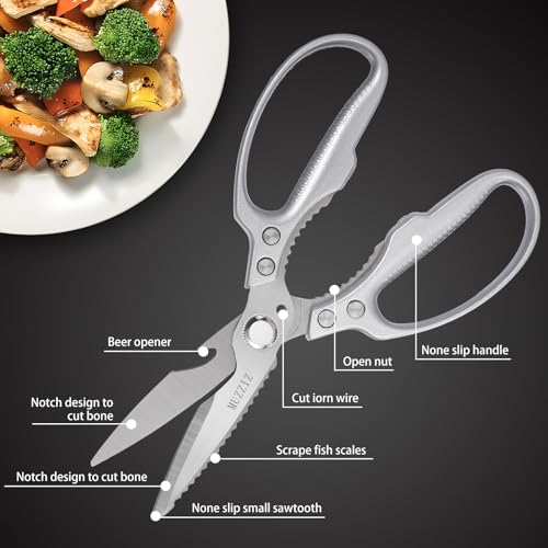 MUZZIZ Kitchen Scissors, All Purpose Heavy Duty Kitchen Shears for Food,Metal Handle Stainless Steel Cooking Scissors for Chicken,Poultry,Meat,Herbs,Fish,Bone,Bread,Dishwasher safe,8.3 Inch silver