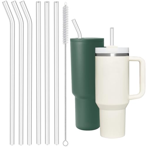 Replacement Straw Compatible with Stanley 40 oz Tumbler Straws, 6 Pcs Reusable Straws with Cleaning Brush, Long Glass Straw for Stanley Accessories, Clear