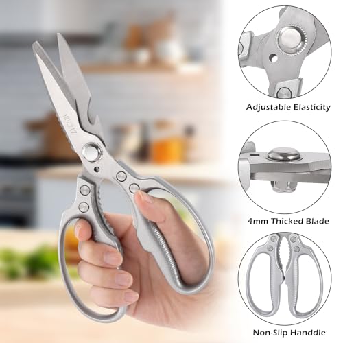 MUZZIZ Kitchen Scissors, All Purpose Heavy Duty Kitchen Shears for Food,Metal Handle Stainless Steel Cooking Scissors for Chicken,Poultry,Meat,Herbs,Fish,Bone,Bread,Dishwasher safe,8.3 Inch silver