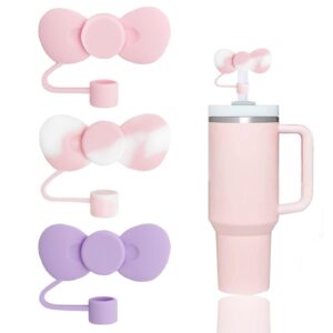 yayayoung 3 pcs lovely bow straw covers cap toppers compatible with stanley 30&40 oz tumbler cups,reusable cute silicone straw tips lids protectors for 0.4 in/10mm stanley cups straws accessories