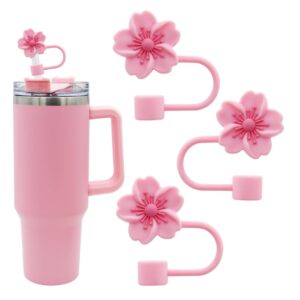 meitesti 3pcs cherry blossom silicone straw cover cap for stanley cup,straw topper 10 mm 0.4 in reusable straw tips lids,flower straw tip covers gift for party decor