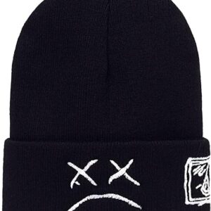 Beanie Hat for Men Women with Sad Face Cuffed Plain Skull Knit Cap intended for Lil Peep, Black