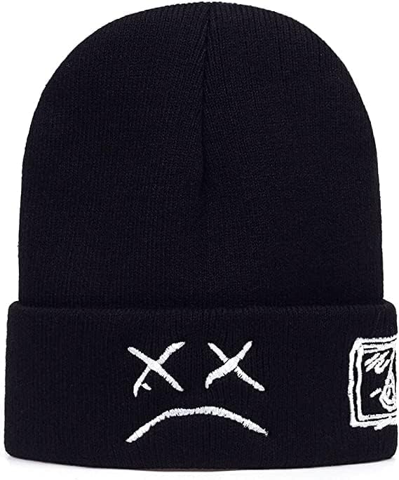 Beanie Hat for Men Women with Sad Face Cuffed Plain Skull Knit Cap intended for Lil Peep, Black