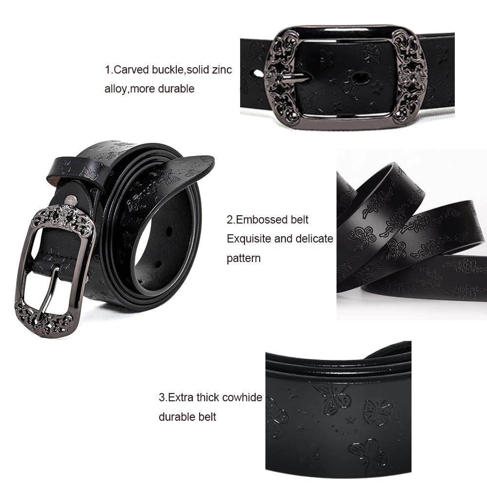 IWFTC Womens Leather Belts Thick Belt Women for Plus Size Leather Belts Womens Black and Buckle Western Jeans Womens Leather Belts Jeans Black Cowgirl Butterfly Embossed Belt (Blown, 100cm)