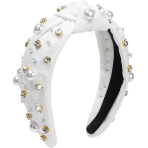 wantgor pearl knotted headband, women rhinestone embellished hairband elegant wide top knot bride headbands headpieces party fashion elegant ladies hair band hair hoop accessories (white)