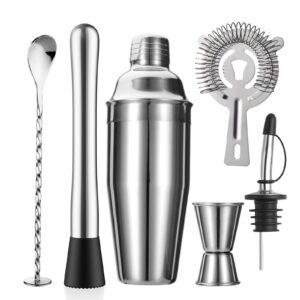 zpufaw 6-piece cocktail shaker set 24oz shaker strainer muddler jigger mixing spoon pour spout bartender kit stainless steel bar set housewarming gift