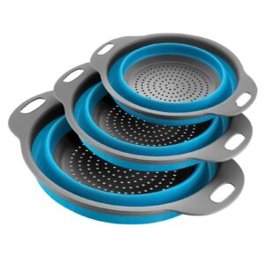 3 piece collapsible colander set - round silicone in kitchen food strainers drainer basket blue for draining pasta vegetables fruits (blue)