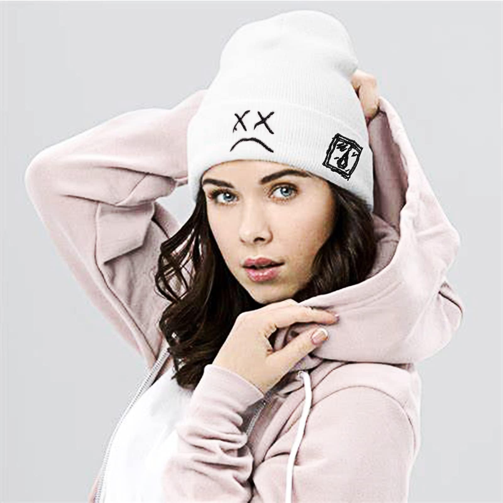 Beanie Hat for Men Women with Sad Face Cuffed Plain Skull Knit Cap intended for Lil Peep, Black