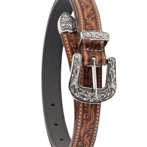 TOPACC Girls Western Belts for Women Brown Cowgirl Belt Cowboy Floral Embossed Thin Skinny Belt for Jeans Dresses Country Concert Outfit