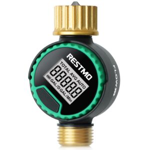 restmo water flow meter with 360° rotatable control panel, brass inlet & outlet, measure gallon/liter consumption and flow rate for garden hose nozzle watering, rv water tank filling, lawn sprinkler